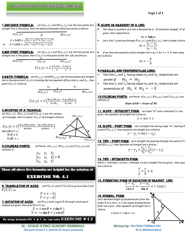 CH 4 All Formulas (Introduction To Analytic Geometry) | PDF | Line (Geometry) | Slope