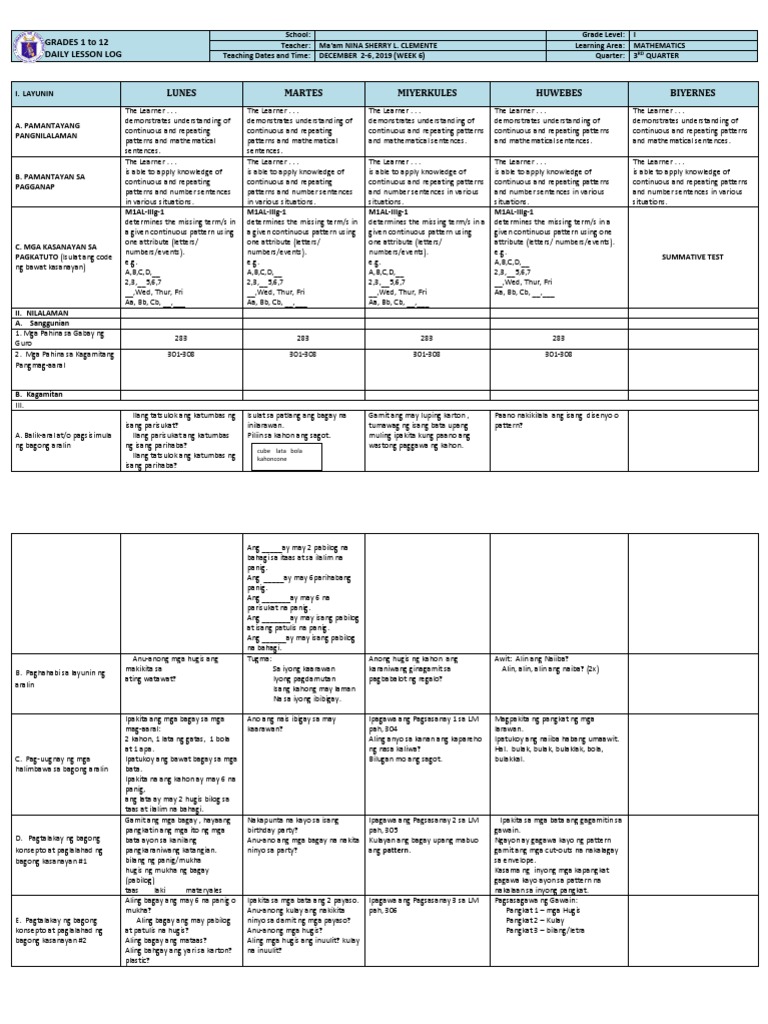 Mathematics 1 - Q3 - W6 DLL | PDF | Learning | Cognitive Science