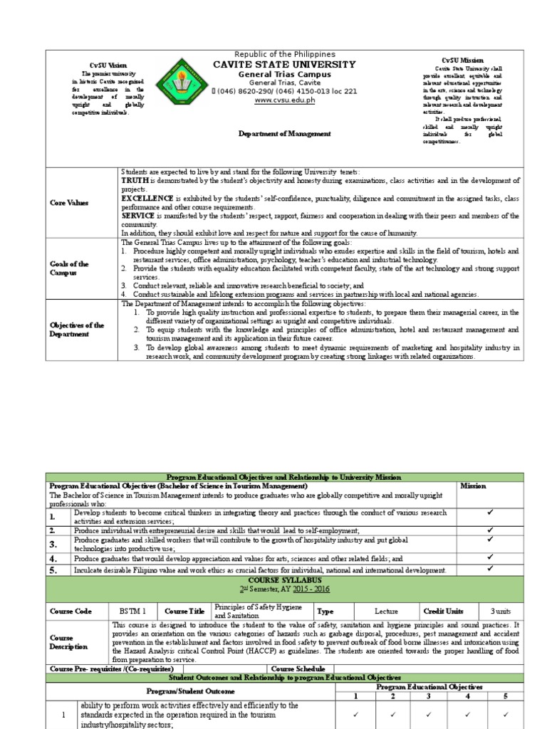 BSTM 1 SYLLABUS (Principles of Safety Hygiene and Sanitation) | PDF ...