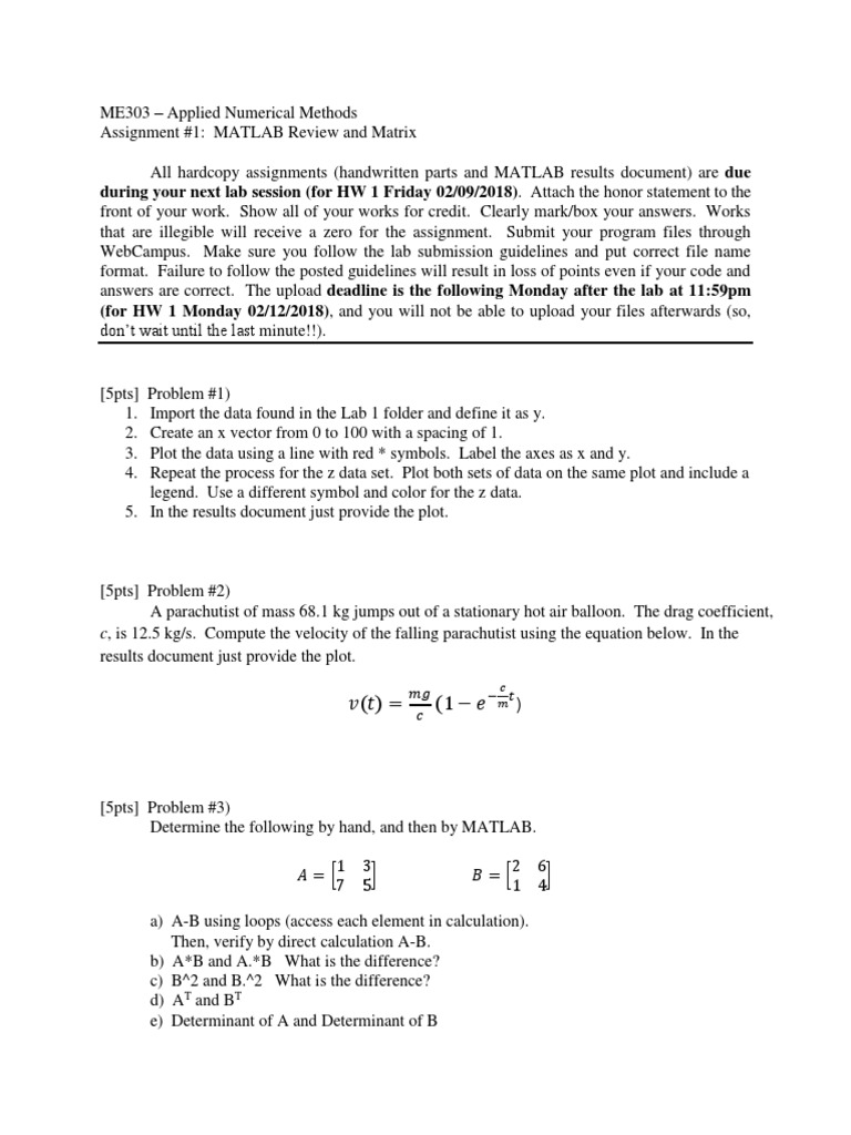 Matlab Assignment Pdf Pdf Linear Algebra Mathematical Concepts