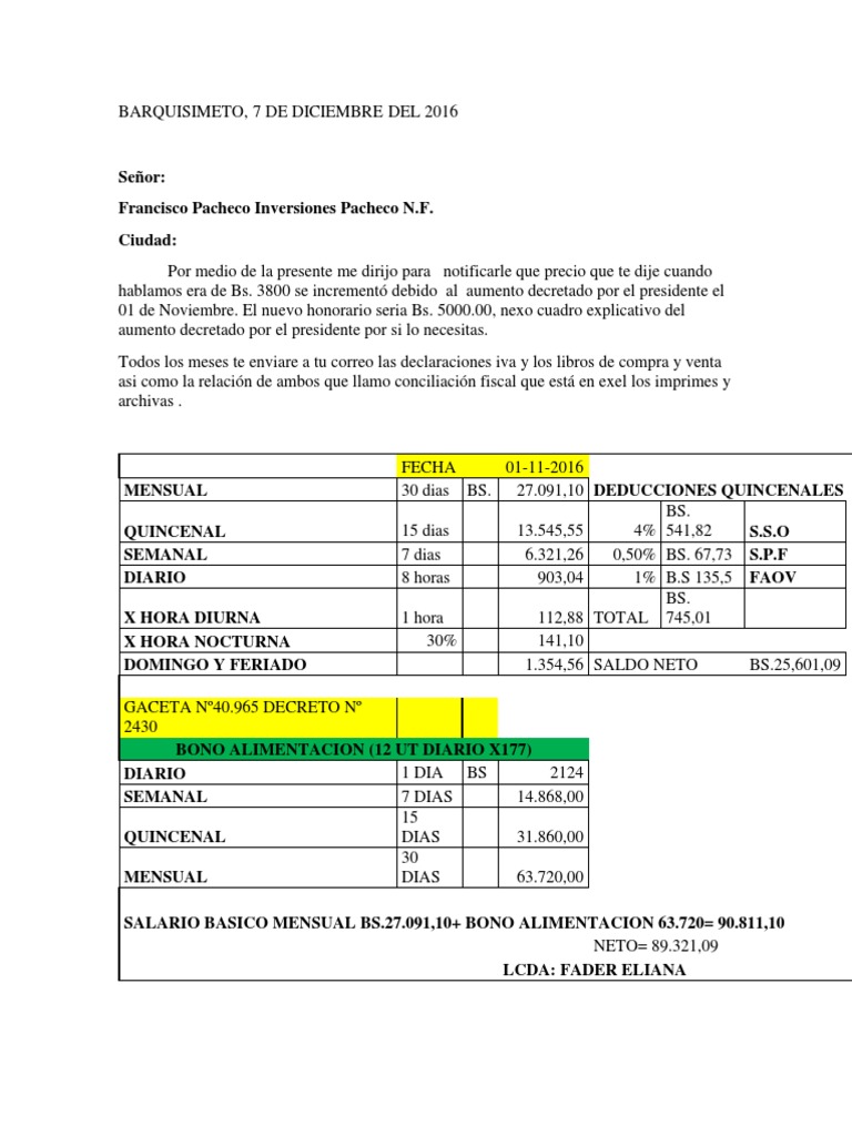 Carta Aumento de Honorarios | PDF
