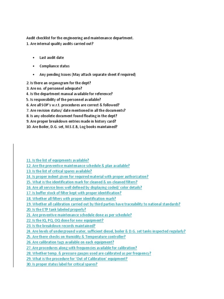 Audit Checklist For The Engineering and Maintenance | PDF | Calibration ...