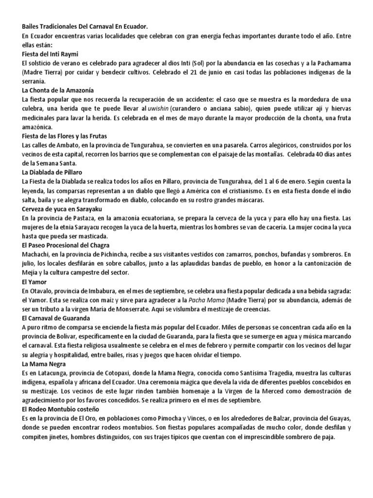 Bailes Tradicionales Del Carnaval en Ecuador | PDF | Carnaval | Ecuador