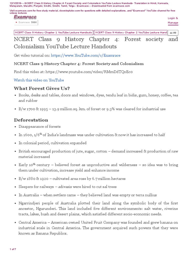 NCERT Class 9 History Chapter 4 YouTube Lecture Handouts | PDF ...