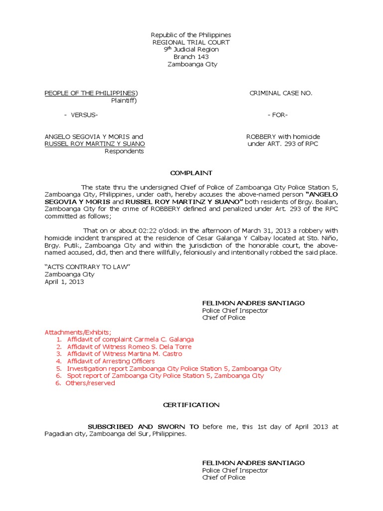 Sample Complaint Against Angelo Segovia For Robbery | PDF | Police ...