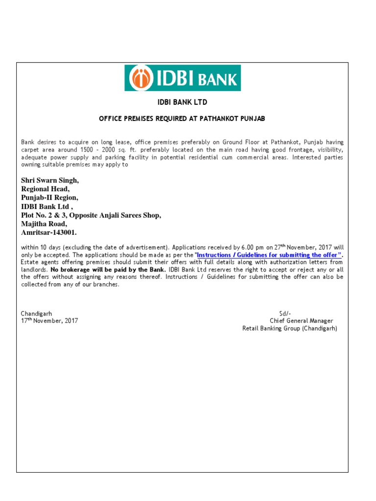 Idbi Bank Office Premises Required | PDF | Lease | Wall
