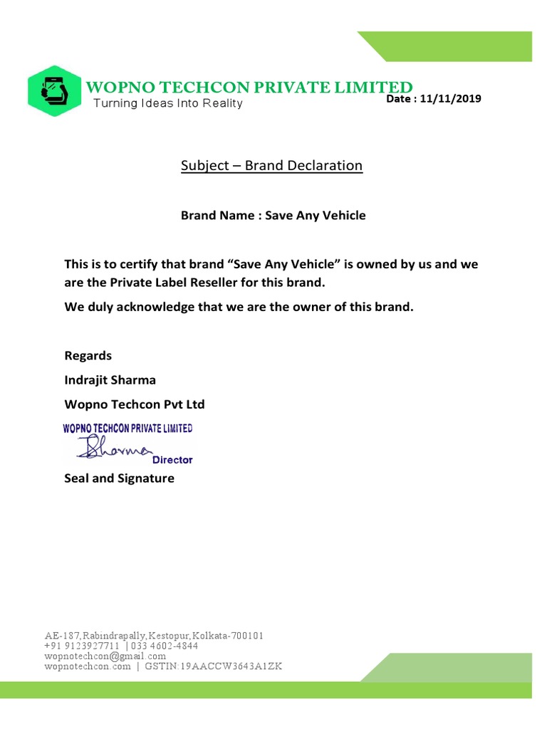 Brand Declaration Letter Format For Flipkart | PDF