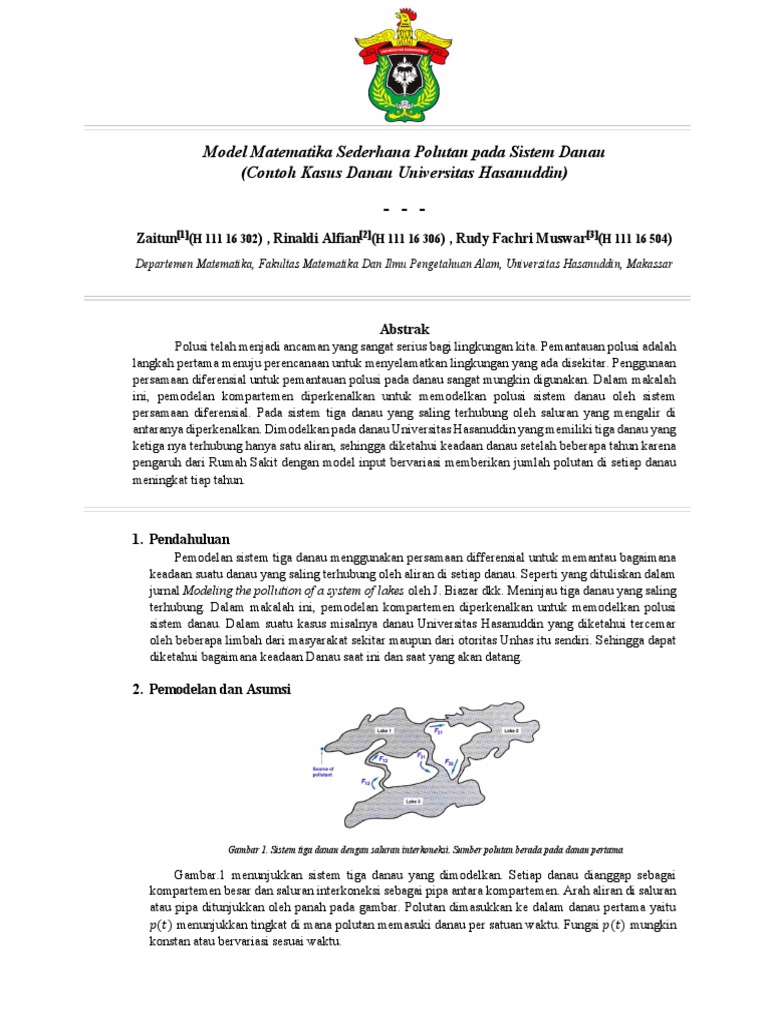 Pemodelan Matematika Sistem Danau Satu Dimensi Studi Kasus Danau Unhas ...