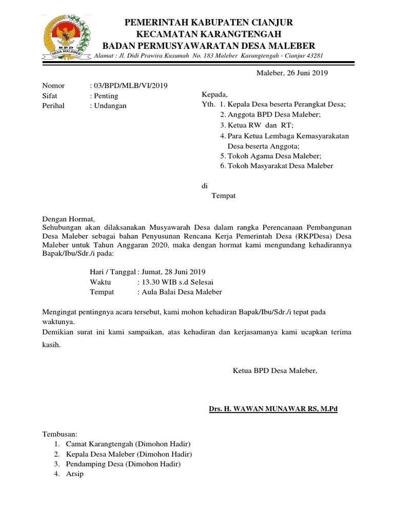 Undangan Musyawarah Desa Maleber | PDF