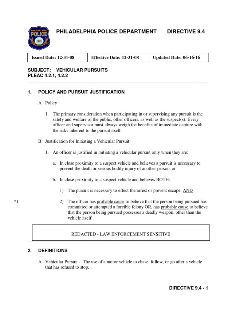 Philadelphia Police Pursuit Policy | PDF | Police Officer | Police Car
