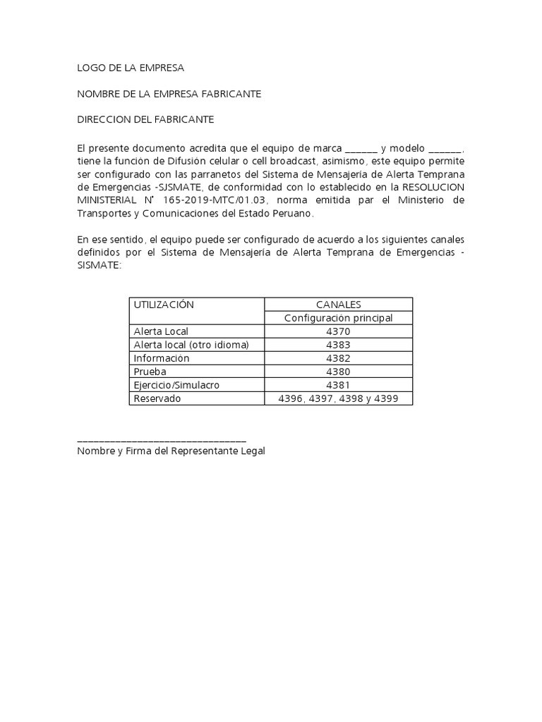 Modelo de Carta Cell Broadcast (ETM) | PDF