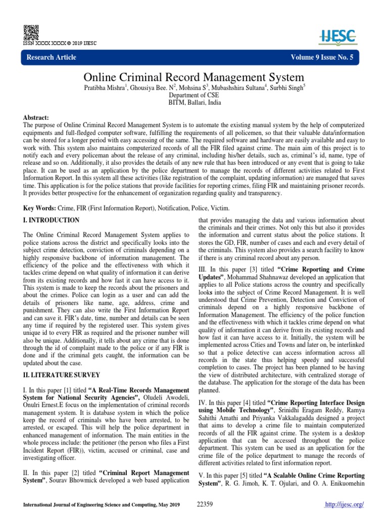 .Online Criminal Record Management System | PDF | Criminal Record | Police