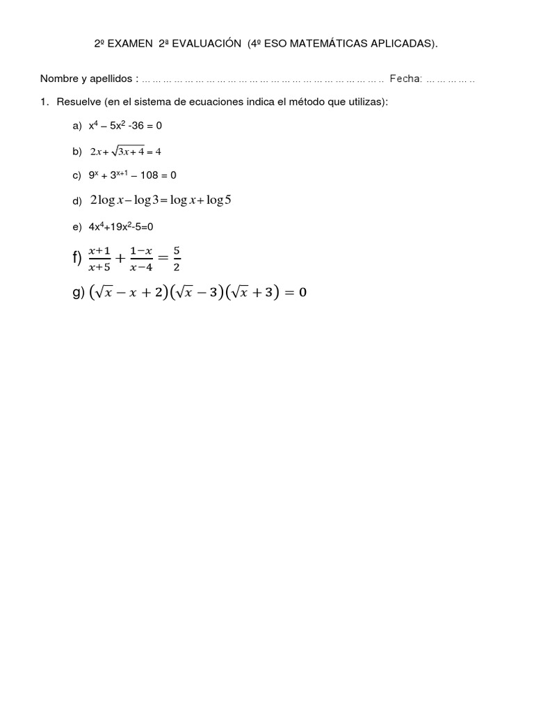 Examen Ecuac e Inecuaciones 4º B | PDF