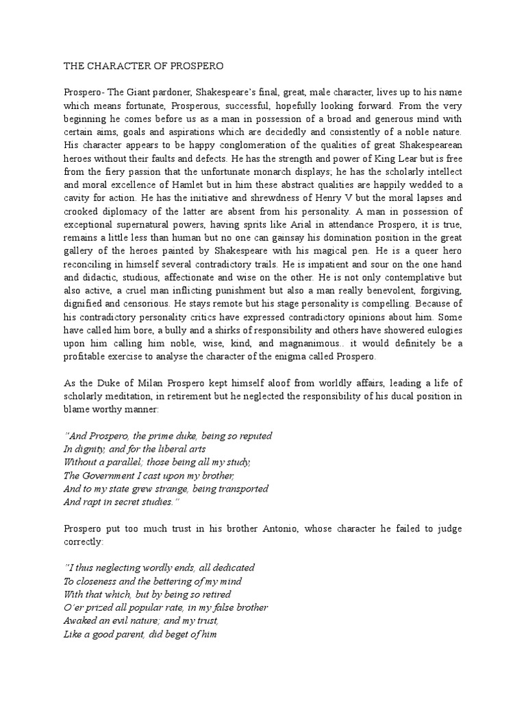 The Character of Prospero in The Tempest | PDF | William Shakespeare