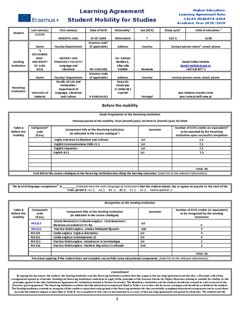 Erasmus Learning Agreement 2019/2020 | PDF | Academic Degree | Academia