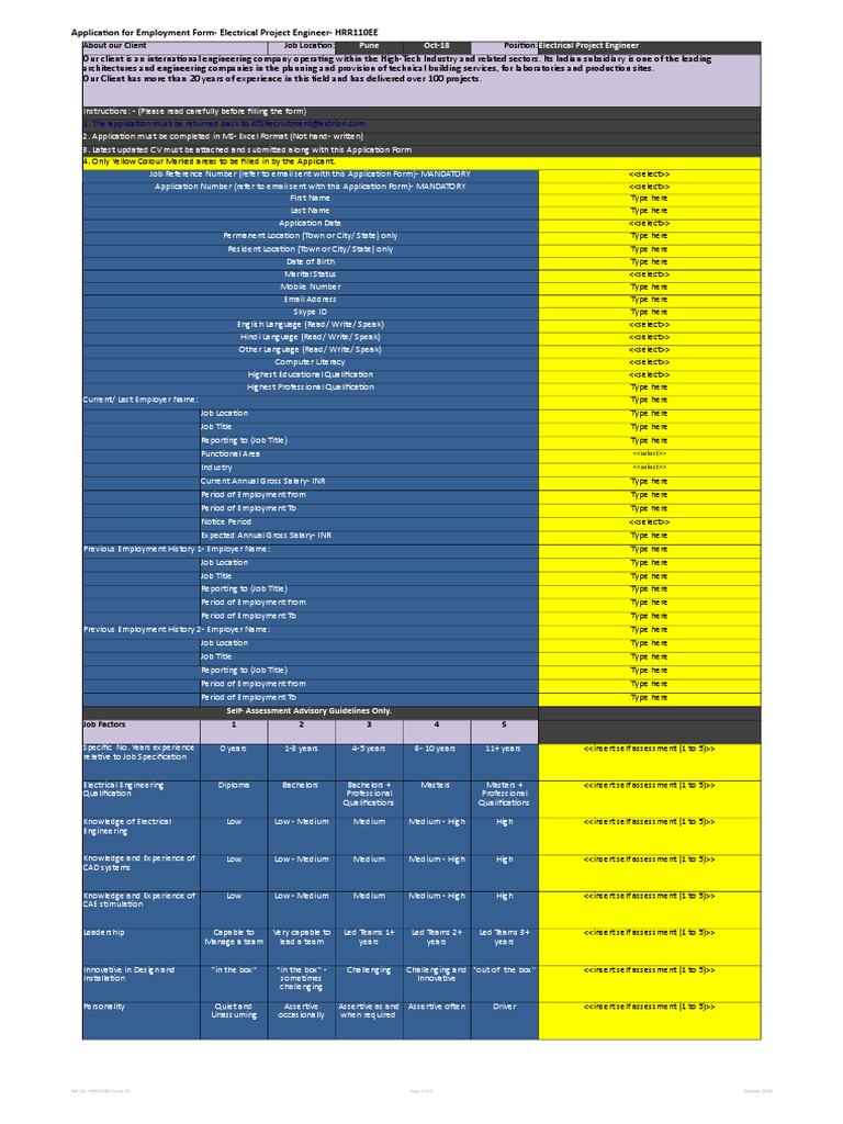 Application For Employment Form - Electrical Project Engineer | PDF ...