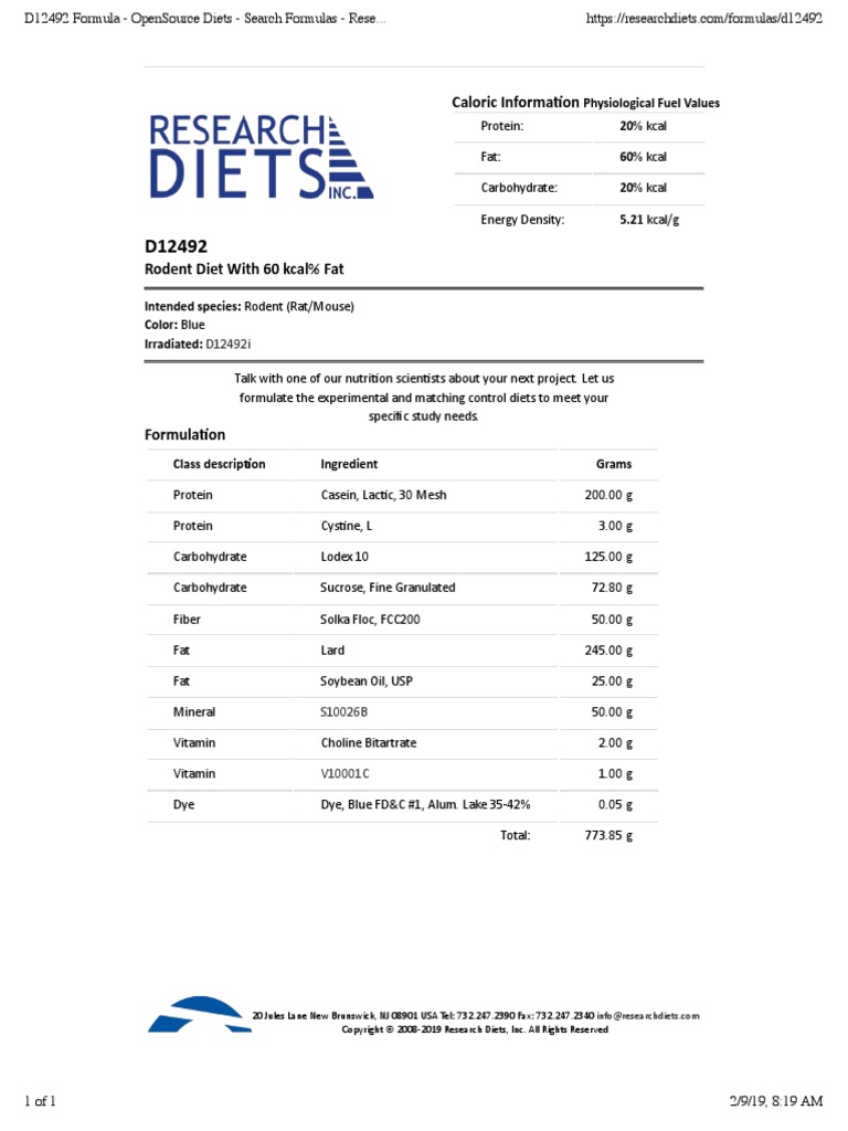 D12492 Formula - OpenSource Diets - Search Formulas - Research Diets ...