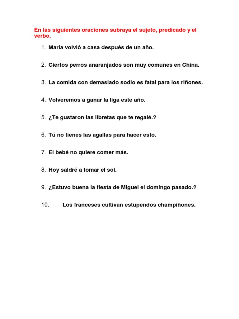 En Las Siguientes Oraciones Subraya El Sujeto | PDF | Asunto (gramática ...