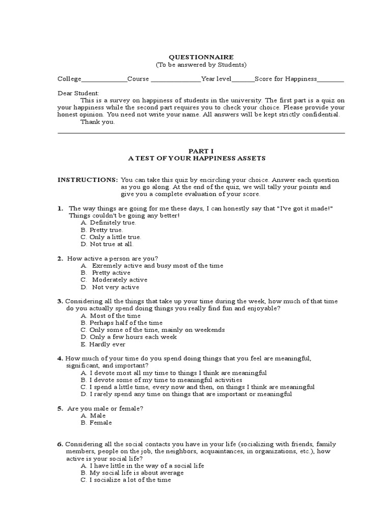 Survey On Happiness | PDF | Homework | Happiness