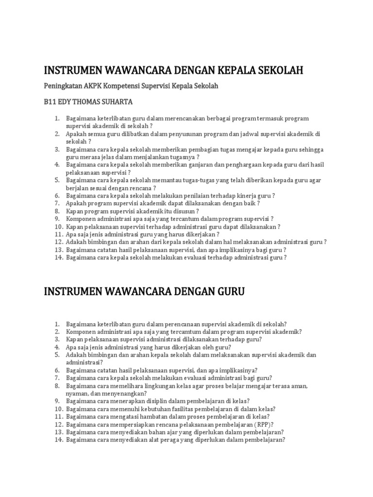 Contoh Instrumen Wawancara Dengan Kepala Sekolah | PDF