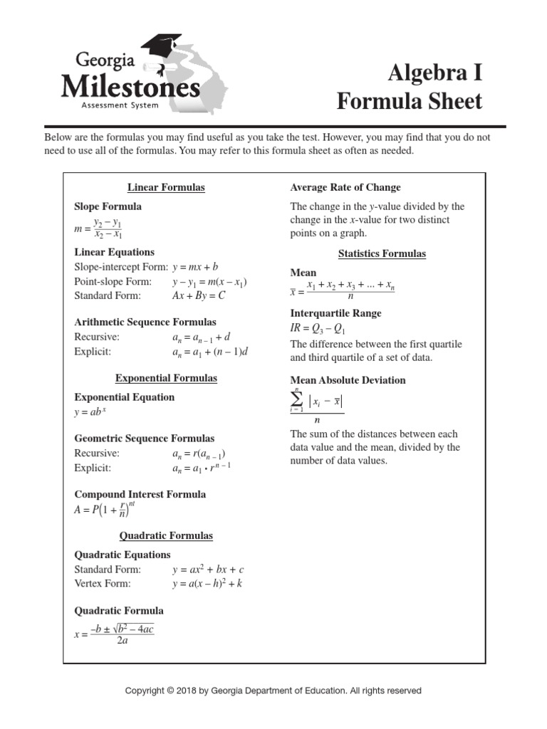 Algebra I - GA Milestones Formulas PDF | PDF | Mean | Quadratic Equation