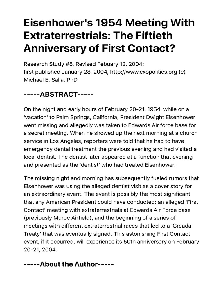 Eisenhower's 1954 Meeting With Extraterrestrials - The 50th Anniversary ...
