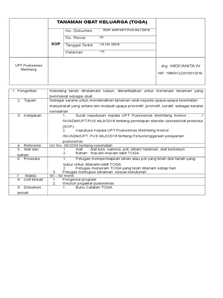 SOP Tanaman Obat Keluarga | PDF | Pengembangan Diri