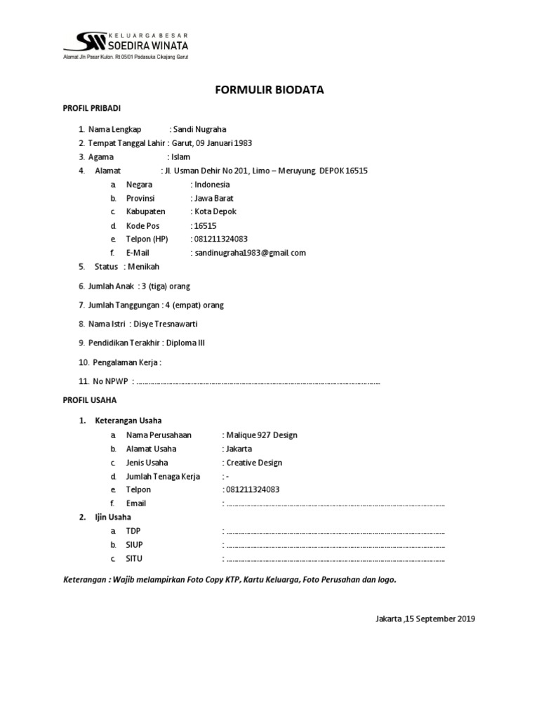 FORMULIR BIODATA DIRI Keluarga Besar | PDF