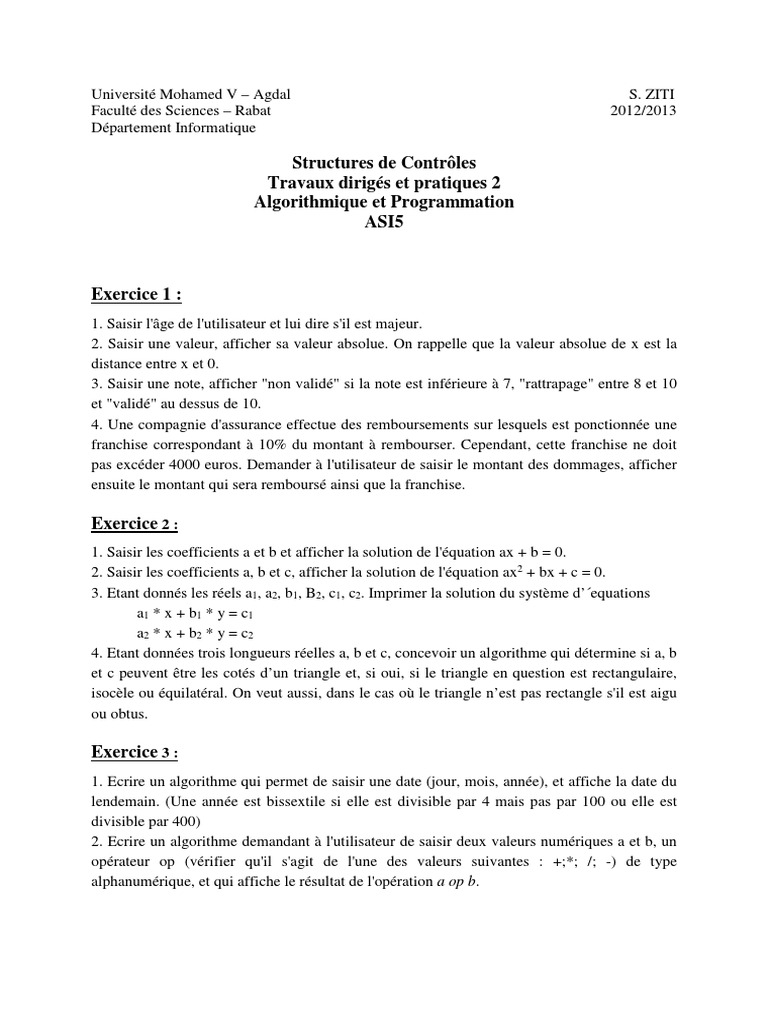 Exercices d'Algorithmique et Programmation | PDF | Somme (arithmétique) | Nombre