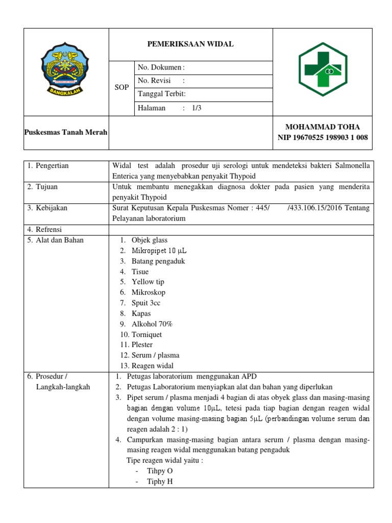 Prosedur Uji Widal untuk Diagnosa Tifus | PDF