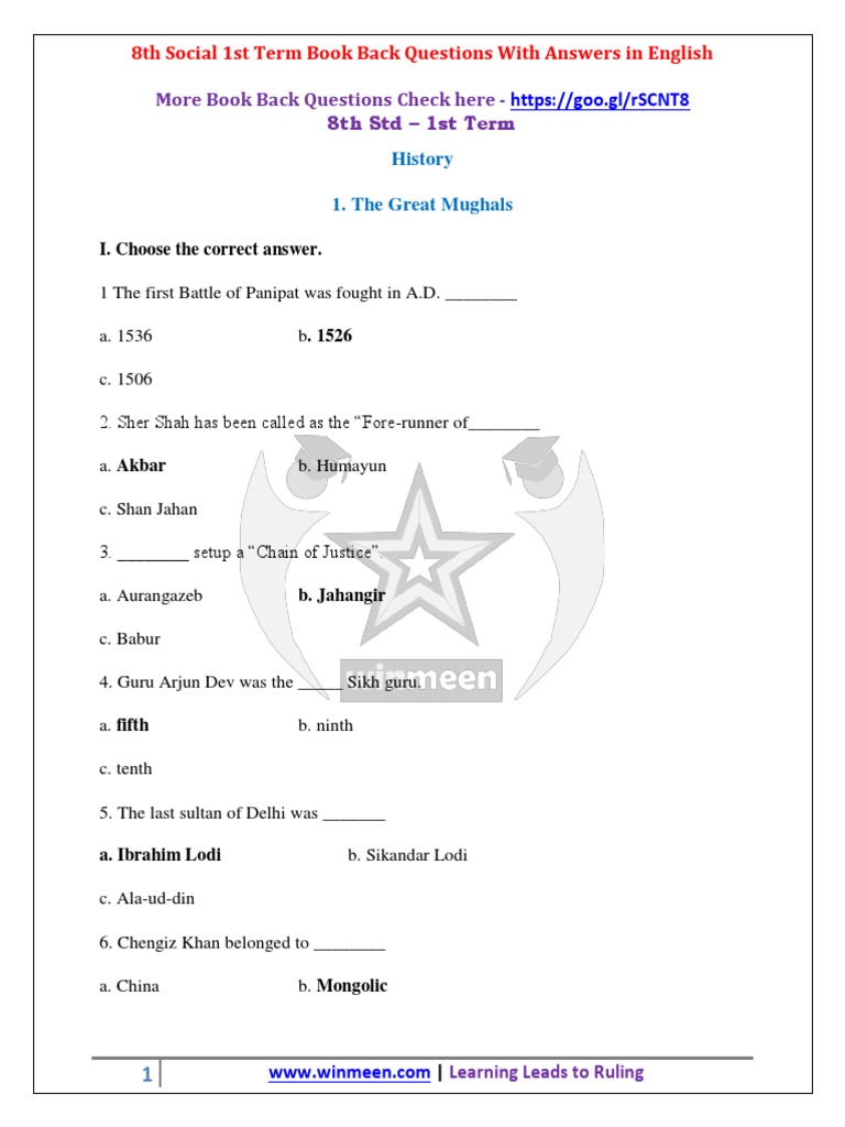 8th STD Social 1st Term Book Back Questions With Answers In English PDF