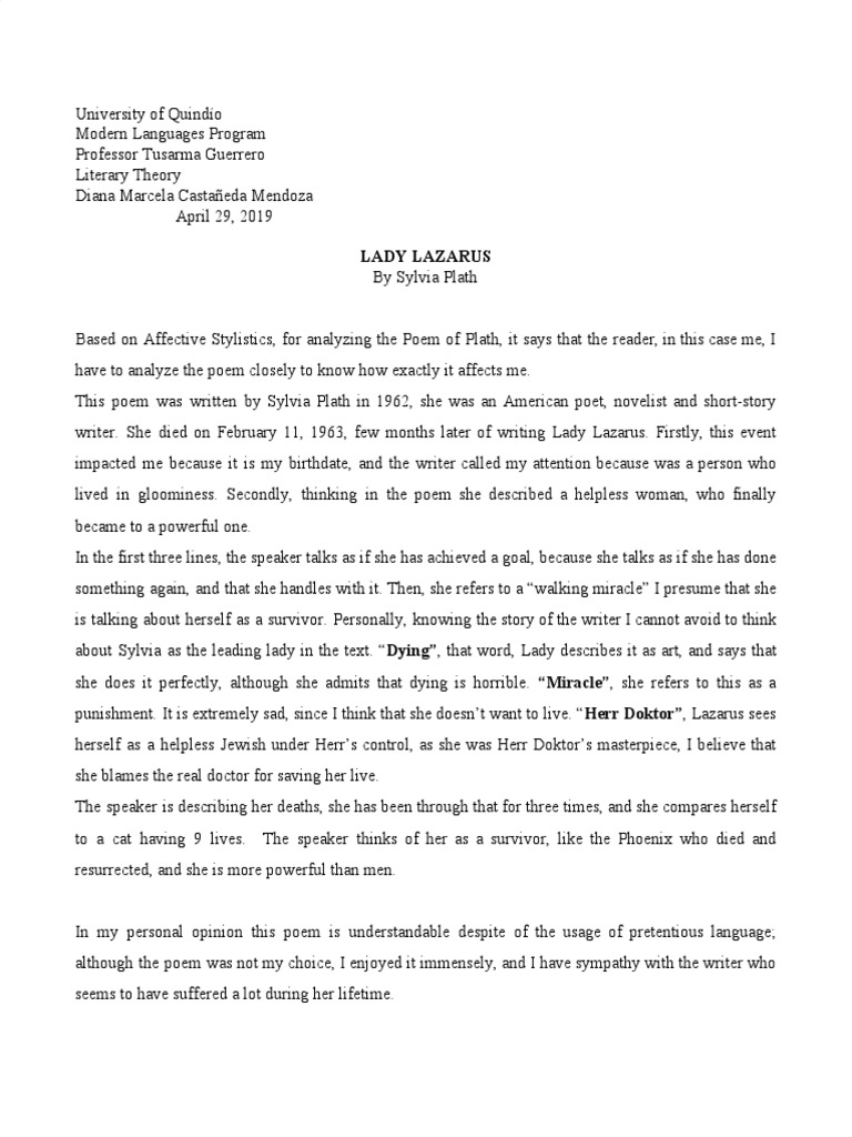 Lady Lazarus Analysis | PDF