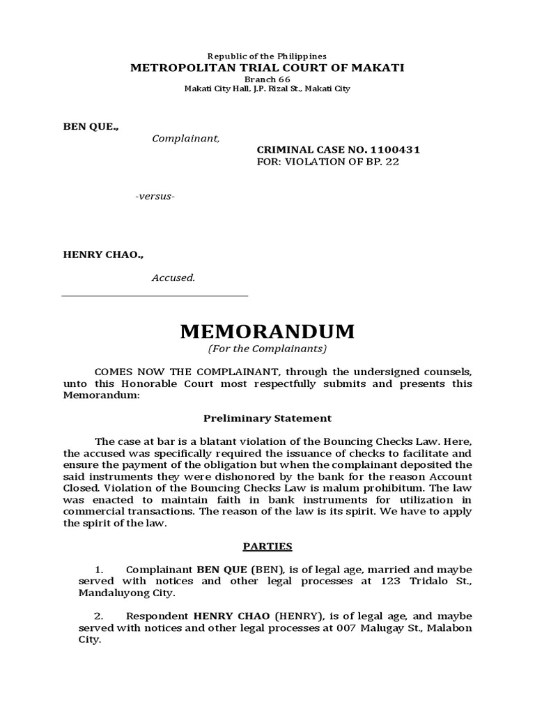 Memorandum BP 22 Prosecution | PDF | Cheque | Payments