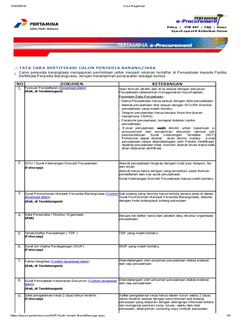 E-Proc PERTAMINA - Cara Registrasi 01 | PDF
