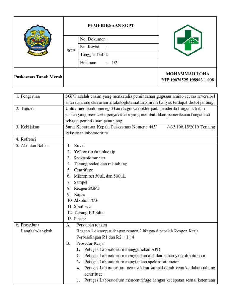 Sop Pemeriksaan SGPT | PDF