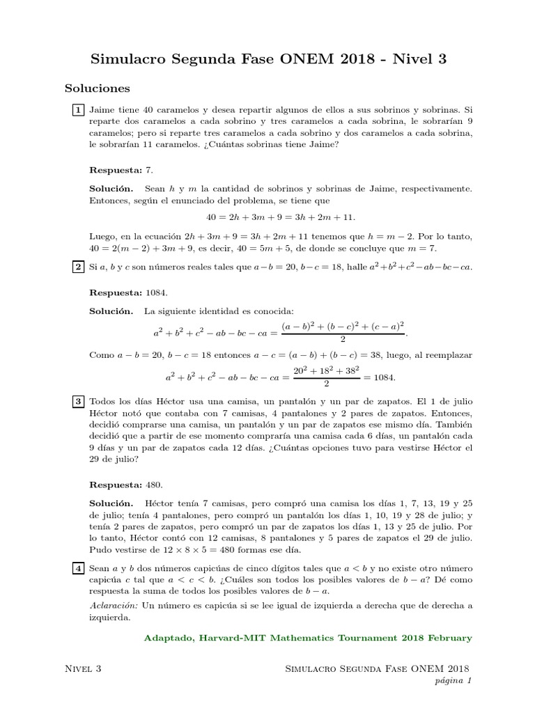 Simulacro Segunda Fase ONEM 2018 Nivel 3 Soluciones | PDF | Triángulo | Números