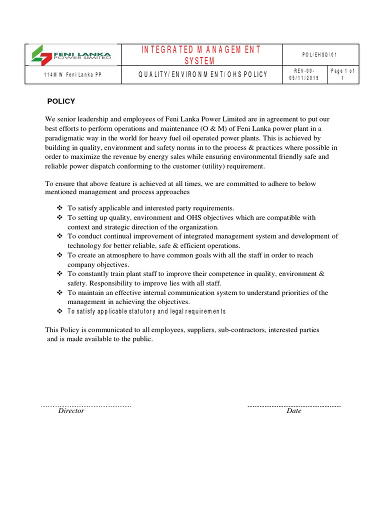 Feni Lanka Power Plant EHSQ Policy | PDF