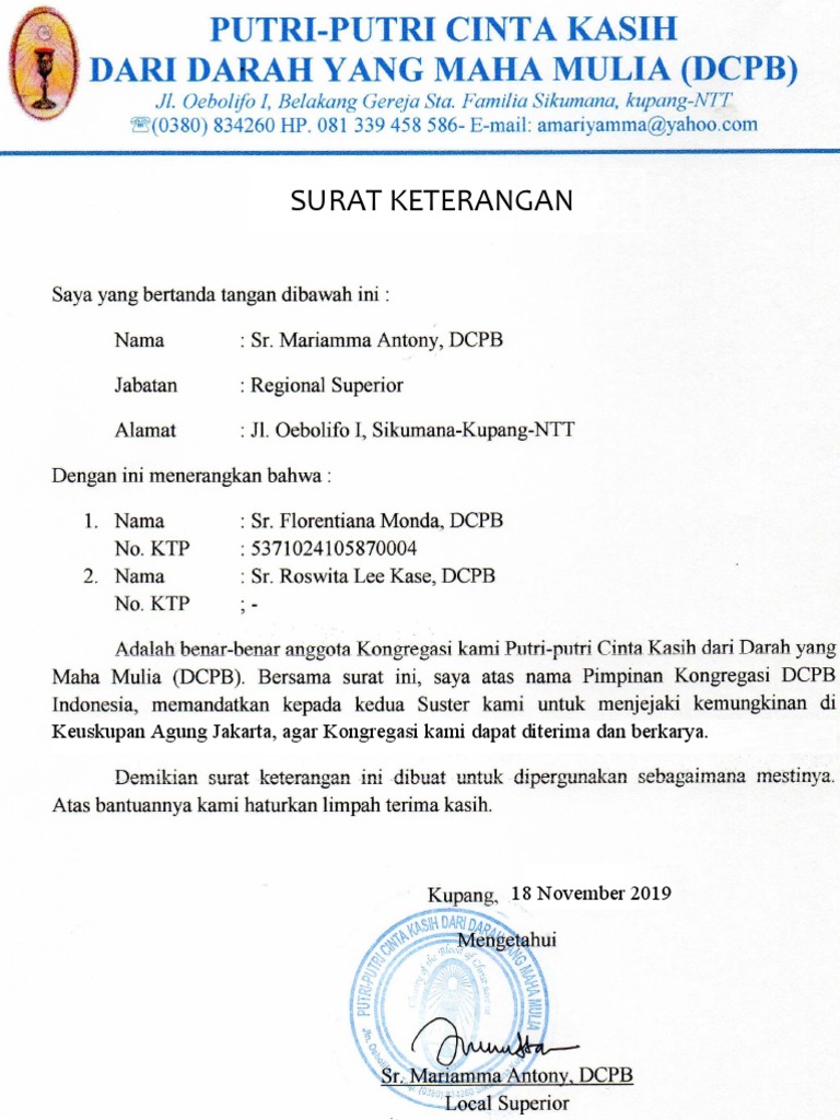 Surat Keterangan Kongregasi Suster-Suster DCPB | PDF
