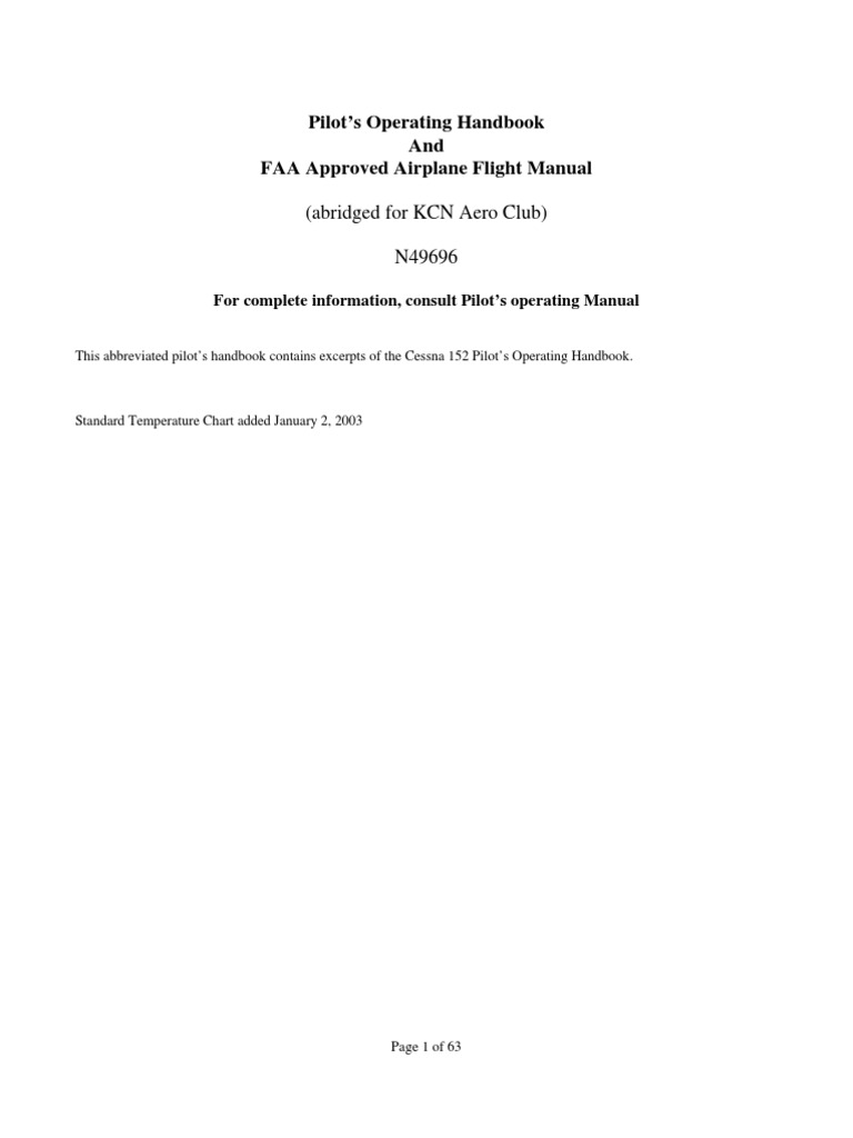 Pilot's Operating Handbook and FAA Approved Airplane Flight Manual | PDF