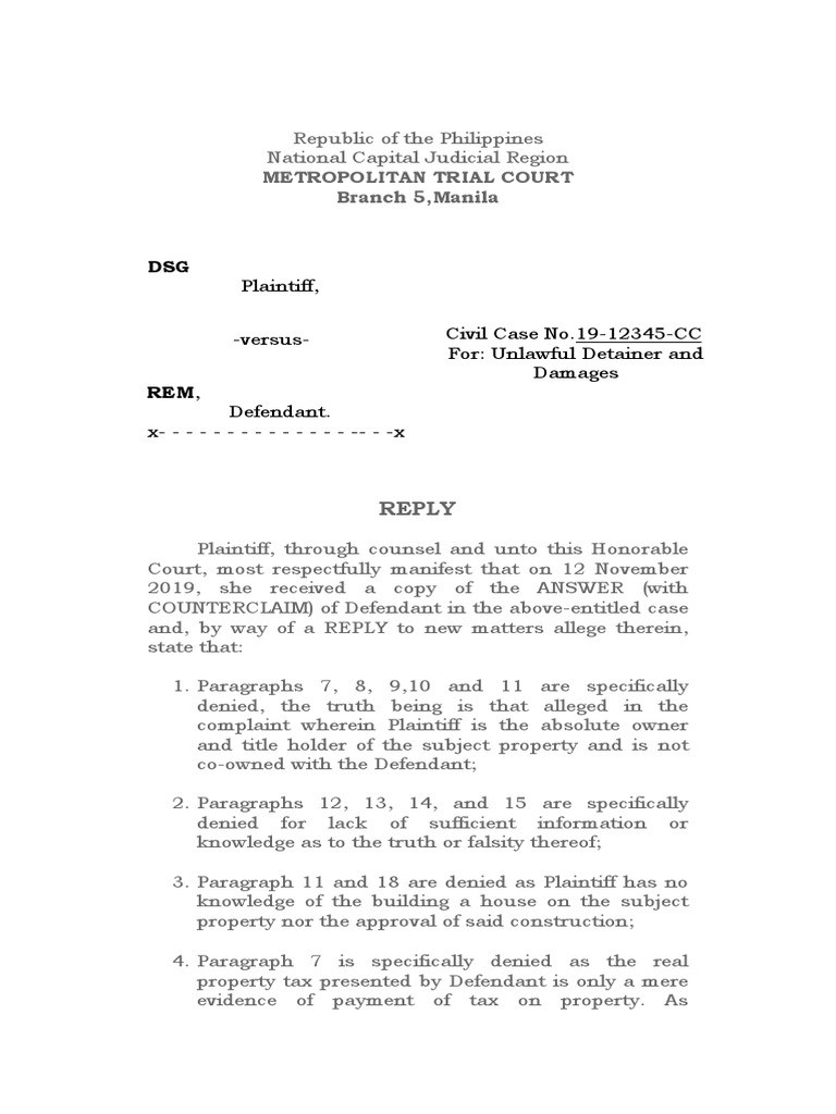 2 Ejectment - Reply - DSG Vs REM | PDF | Lawsuit | Government