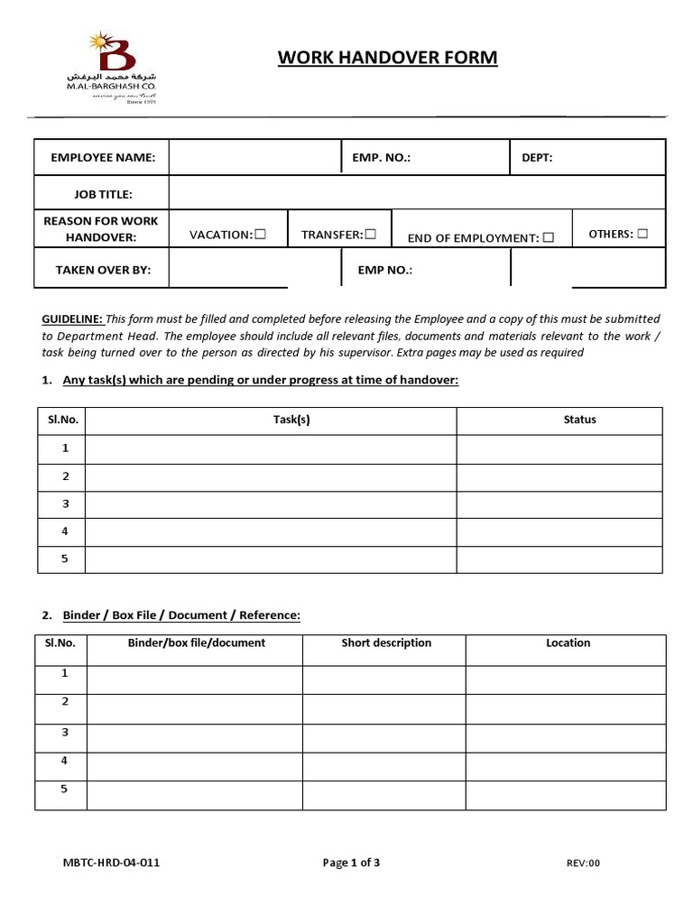 HRD-4-013 Work Handover Form | PDF | Business