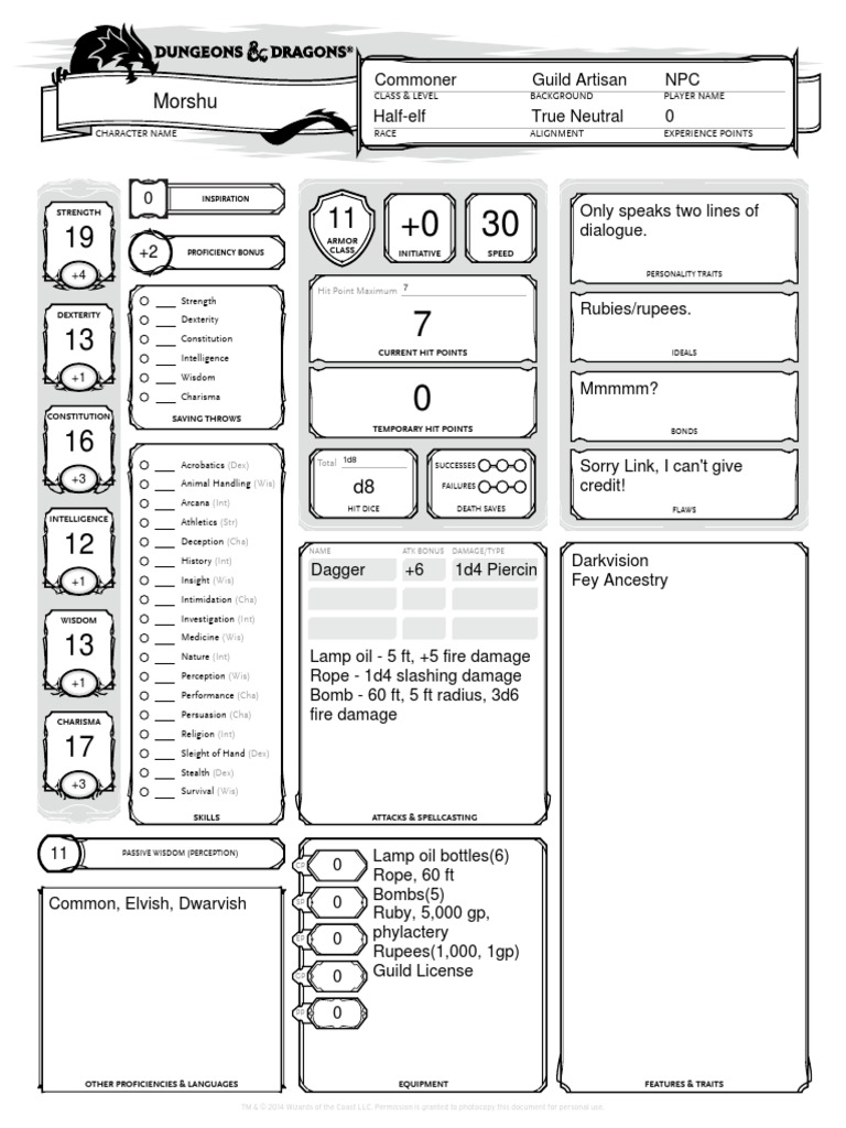 Morshu Character Sheet PDF | PDF | Fantasy Role Playing Games | Fantasy