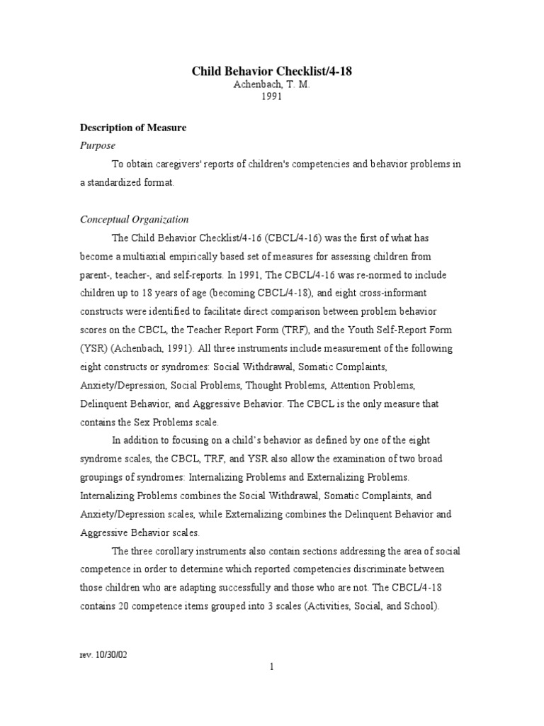 Child Behavior Checklist 4-18 | PDF | Psychology | Behavioural Sciences