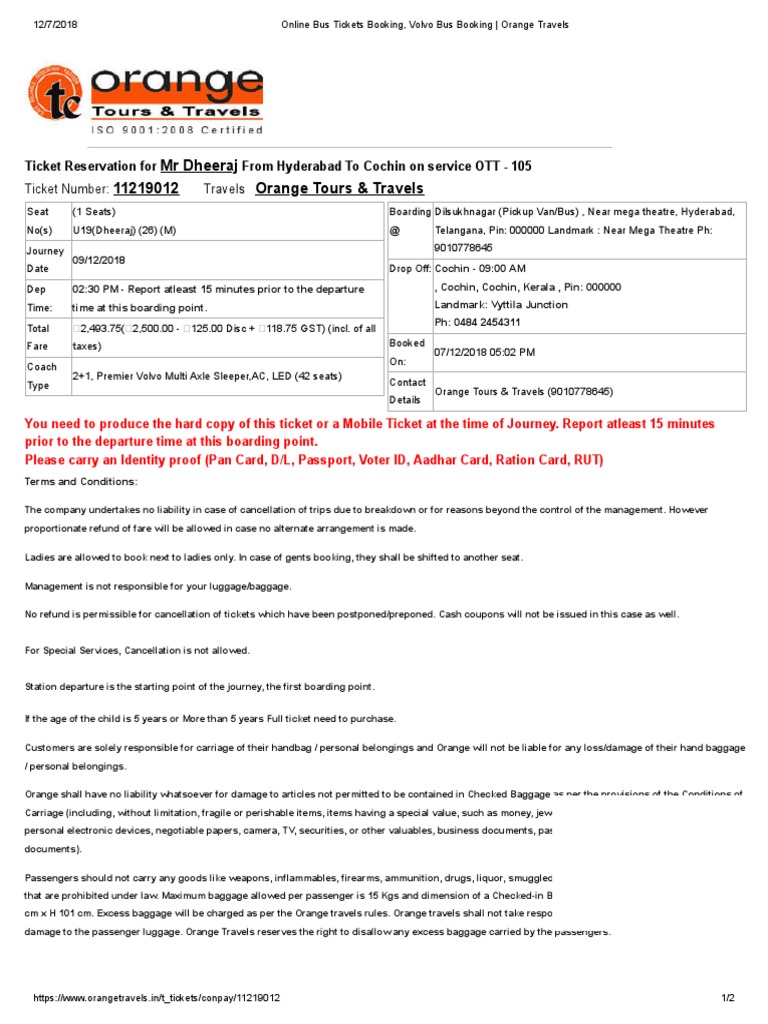 Online Bus Tickets Booking, Volvo Bus Booking - Orange Travels PDF ...