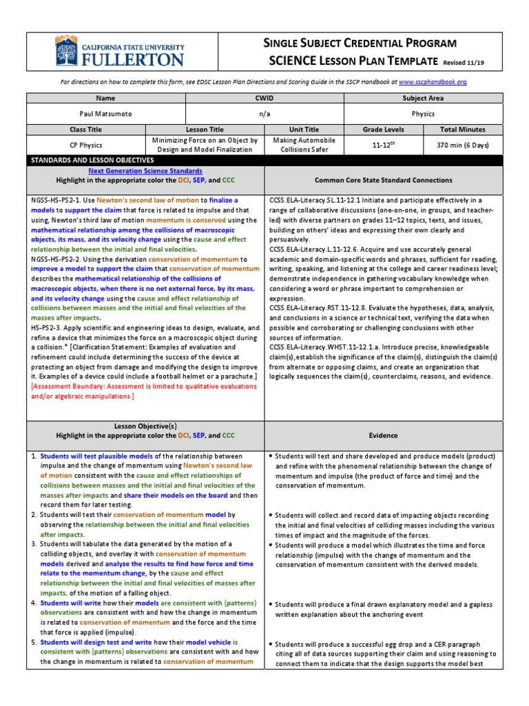 Lesson 3 Minimizing Force On An Object by Design - Lesson Plan Template ...