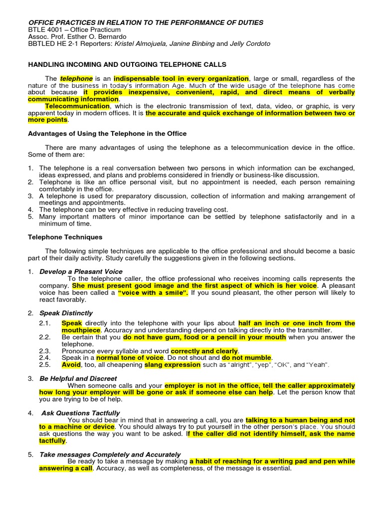 Office Practicum Handouts | PDF | Telephone Call | Telephone