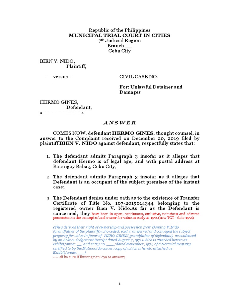 Group3 Answer To Complaint | PDF | Complaint | Civil Law (Common Law)