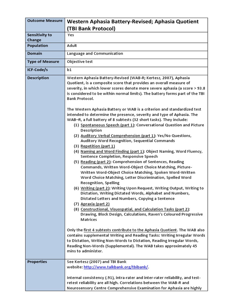 WAB-R - Aphasia Quotient PDF | PDF | Aphasia | Neuroscience