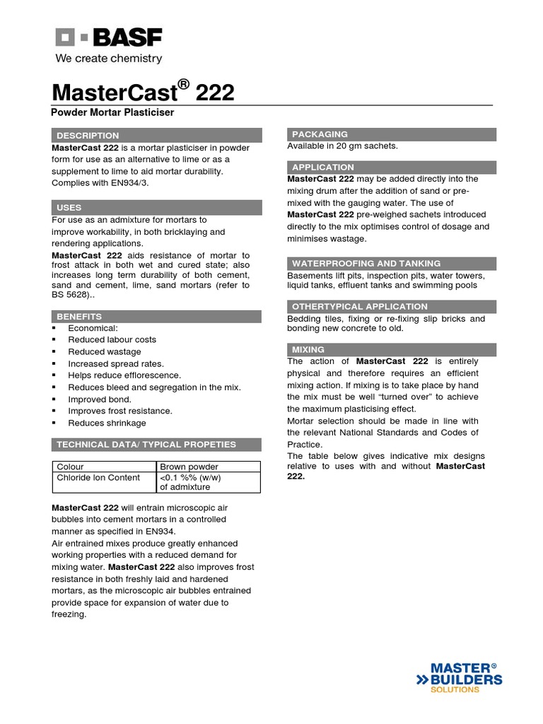 MasterCast 222 TDS-974770 | PDF | Mortar (Masonry) | Lime (Material)