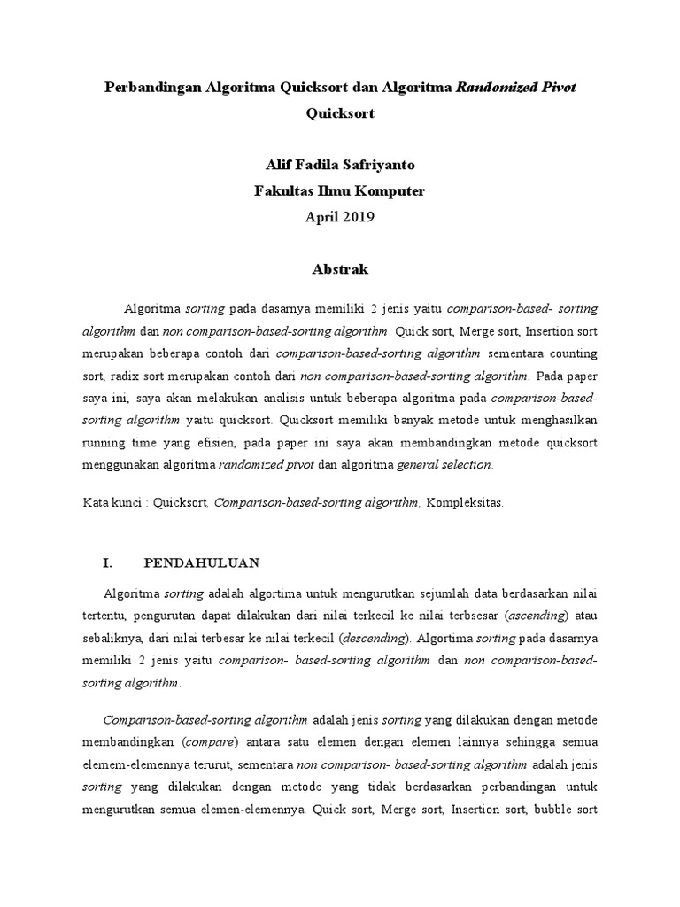 Perbandingan Algoritma Randomized Pivot Quicksort Dan General Selection ...
